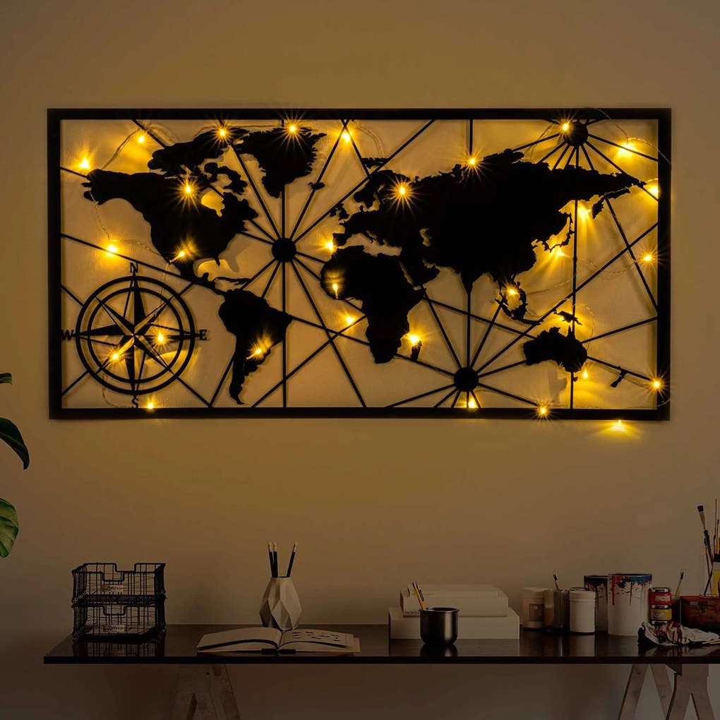Nástěnná kovová dekorace World Map Led 452 černá