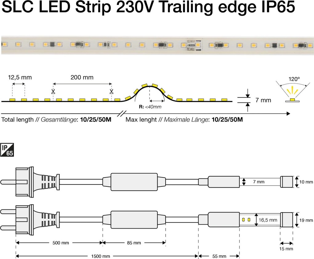 SLC TLG-0352 LED pásek 230V sada 8W/m 850lm/m 3000K Ra80 stmívatelný IP65 5m - TLG