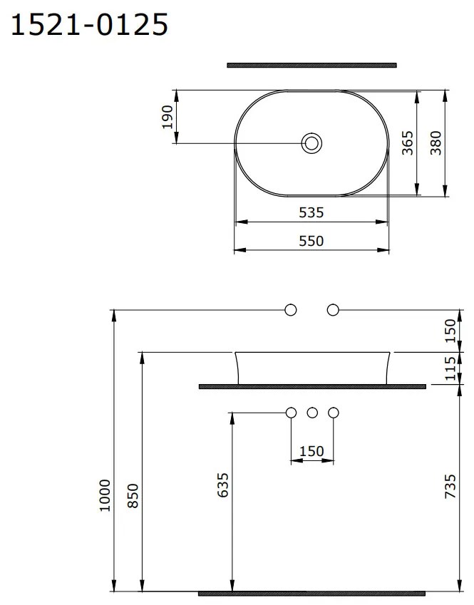 BOCCHI Sottile Slim Line - Umyvadlo na desku 550x380 mm, oválné, bez přepadu, bílá lesklá