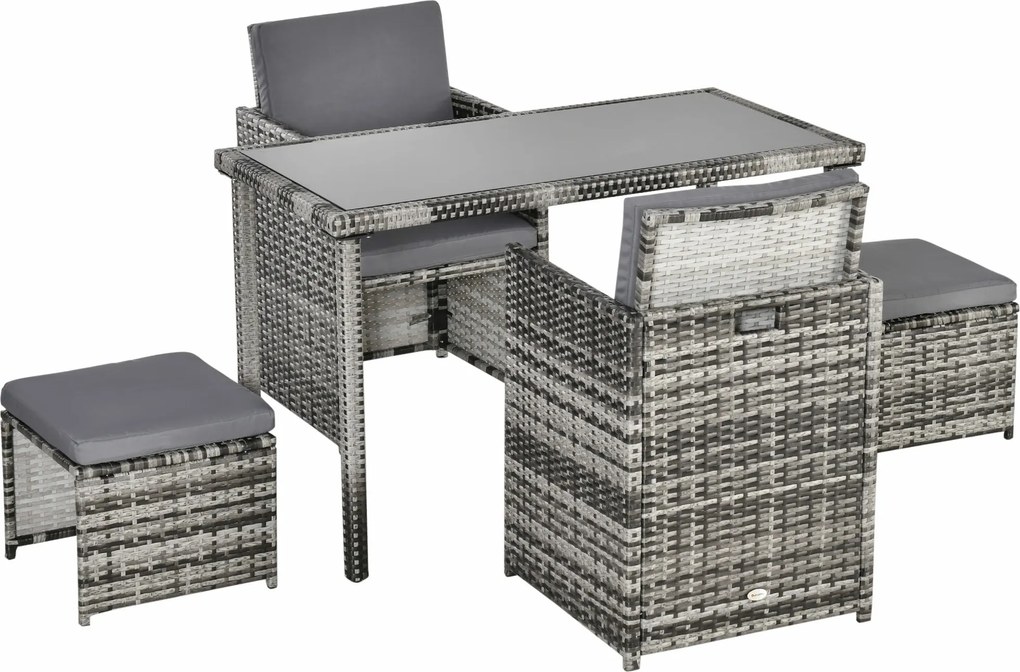 Outsunny Poly Rattan Sedací Skupina Jídelní Set do Zahrady 5 ks s Polštáři, Šedá | Aosom