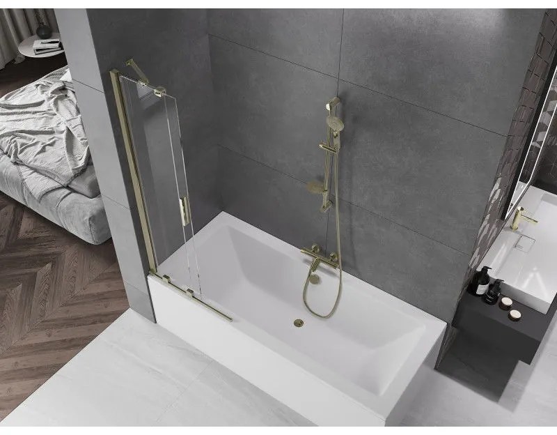 Mexen Velar, 2-křídlová posuvná vanová zástěna 70 x 150 cm, 8mm čiré sklo, zlatý lesklý profil, 896-070-000-01-50