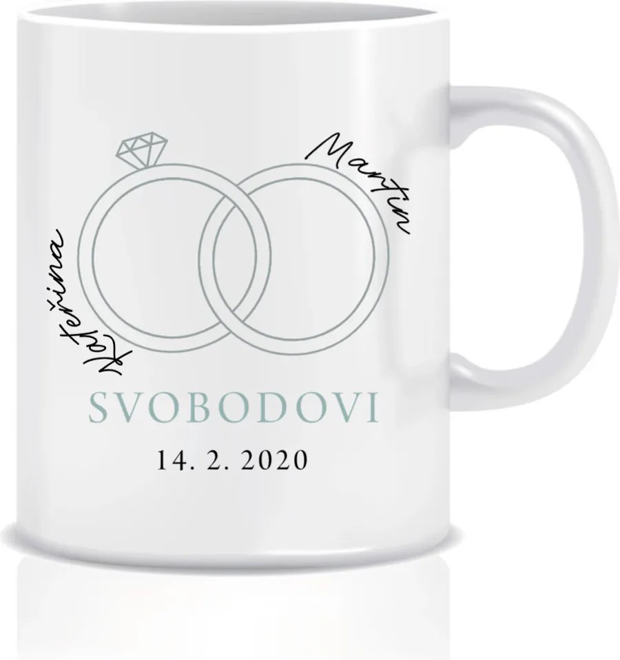 Personalizovaný klasický bílý keramický hrníček 300 ml s prstýnky a jmény