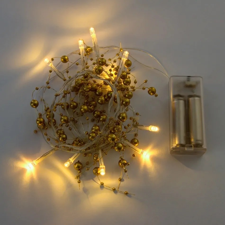 LED světýlka na baterie, perly zlaté, 1,3 m, teple bílá, 10 diod, čirý kabel, IP20 interiér, 2 × AA