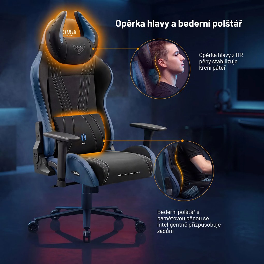 Herní křeslo z látky Normal Size, černý-modrý: Diablo X-Horn 2.0 Night Blue