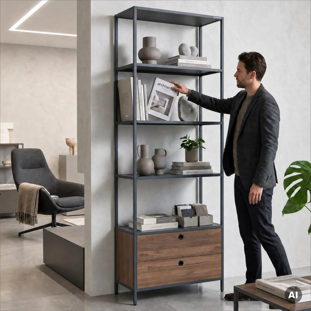Regál se zásuvkami do kanceláře, na šanony a dokumenty, otevřené police, kovový, antracitový/ořech, 800x2200x400 mm: ARIEL Eco Design