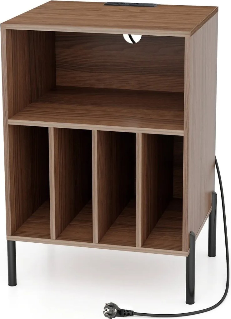Costway Stolek na gramofon s nabíjením a přihrádkami, hnědý