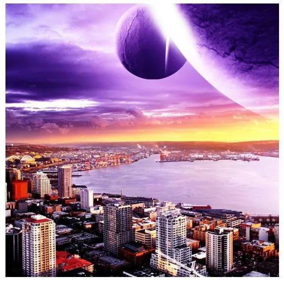 Moderní obraz města s fialovými planetami (40x40 cm), 40 dalších rozměrů