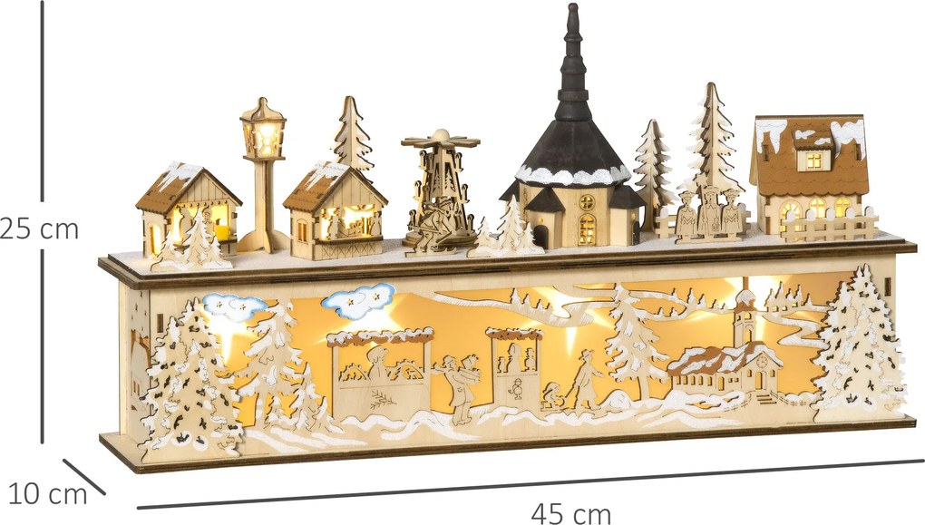HOMCOM Vánoční dekorace, vánoční vesnička, 10 LED, teplé bílé světlo, 45 x 10 x 25 cm, dekorace ze dřeva
