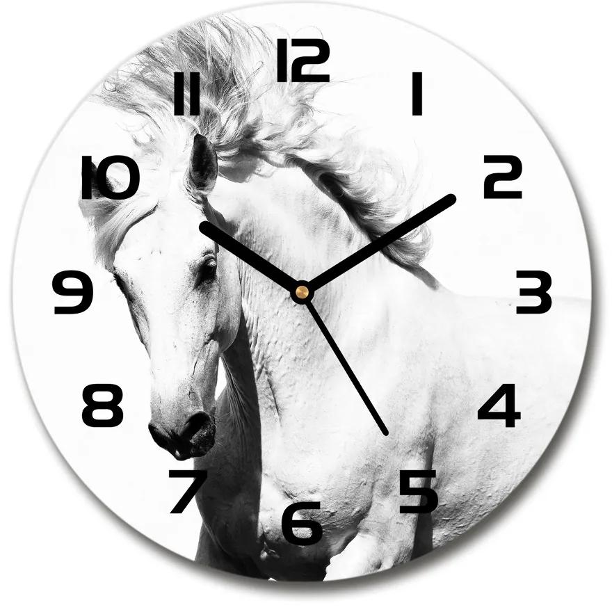 Wallmuralia Skleněné hodiny kulaté Bílý kůň fi 30 cm