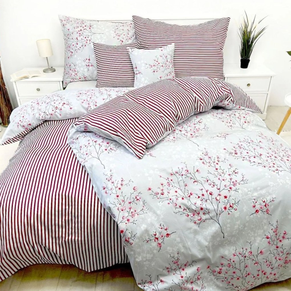 Bavlněné Saténové povlečení Sakura + Linky Červené oboustranné Zapínání: zip, Velikost polštáře: 70x90, Velikost přikrývky: 140x220