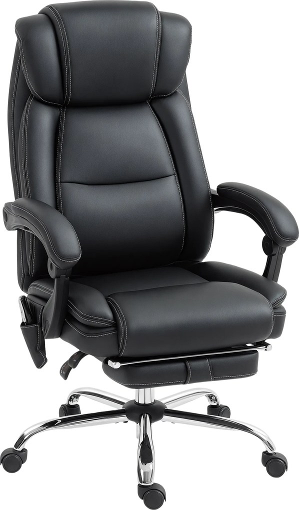 HOMCOM Ergonomická kancelářská židle s masážní funkcí, kancelářská židle s opěrkou nohou, černá umělá kůže