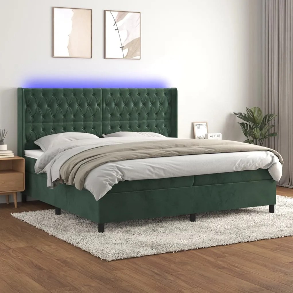 Box spring postel s matrací a LED tmavě zelená 200x200 cm samet 3139766