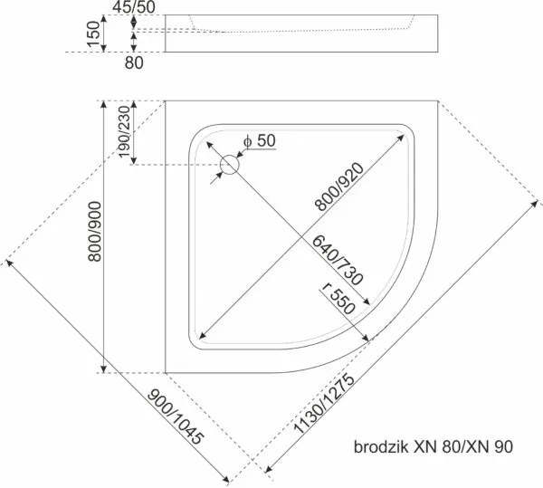 Novoterm Čtvrtkruhová akrylátová sprchová vanička NV-XN 80x80, bílá
