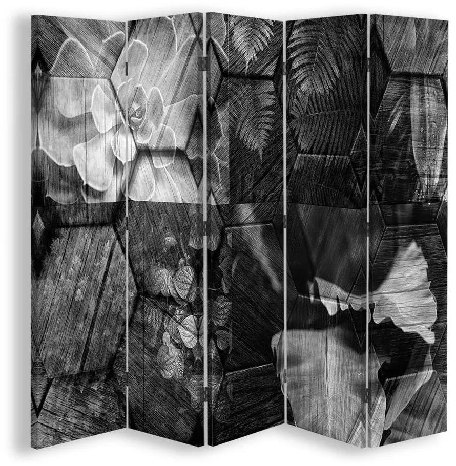 Ozdobný paraván, Tajemství šedi - 180x170 cm, pětidílný, korkový paraván