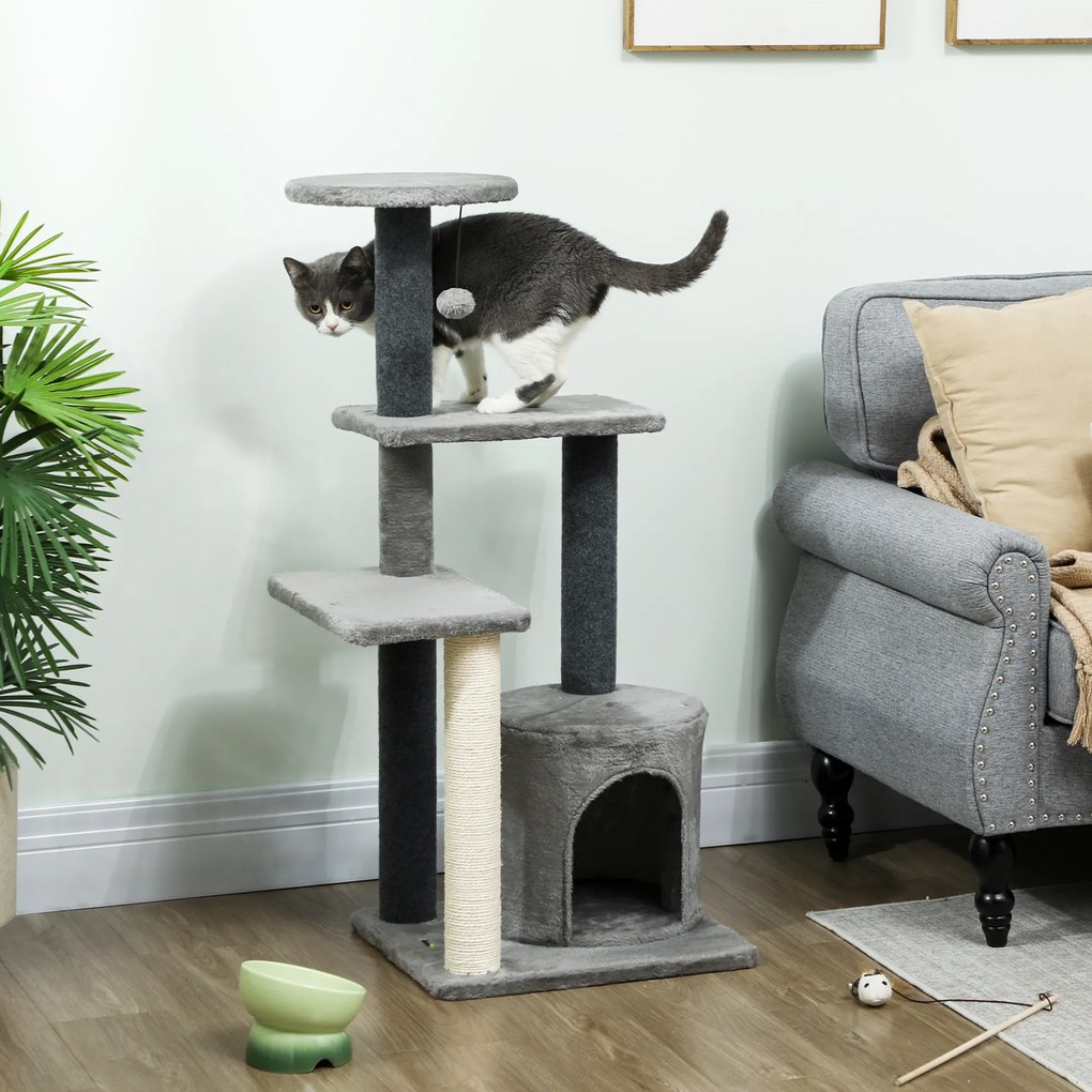 PawHut Škrabadlo 103 cm, kočičí strom s kočičí jeskyní, platformami, sisalovými škrabacími sloupky, plyšový míček pro kočky do 5 kg, šedá