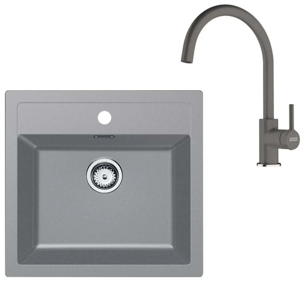Franke - Kuchyňský set T122Š, tectonitový dřez SID 610 a baterie FC 6018.901, šedá/šedý kámen 143.0687.391