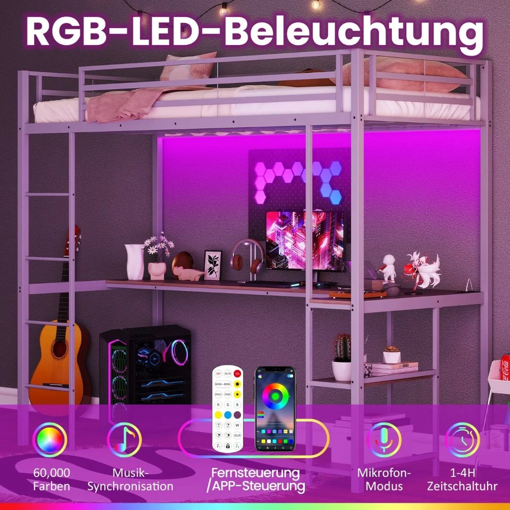 Costway Podkrovní postel s psacím stolem a LED osvětlením a nabíjecí stanicí
