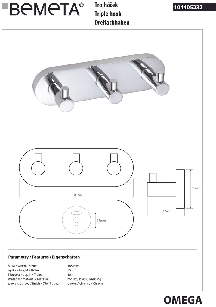 Bemeta Design OMEGA: Věšák, se 3 háčky - 104405232