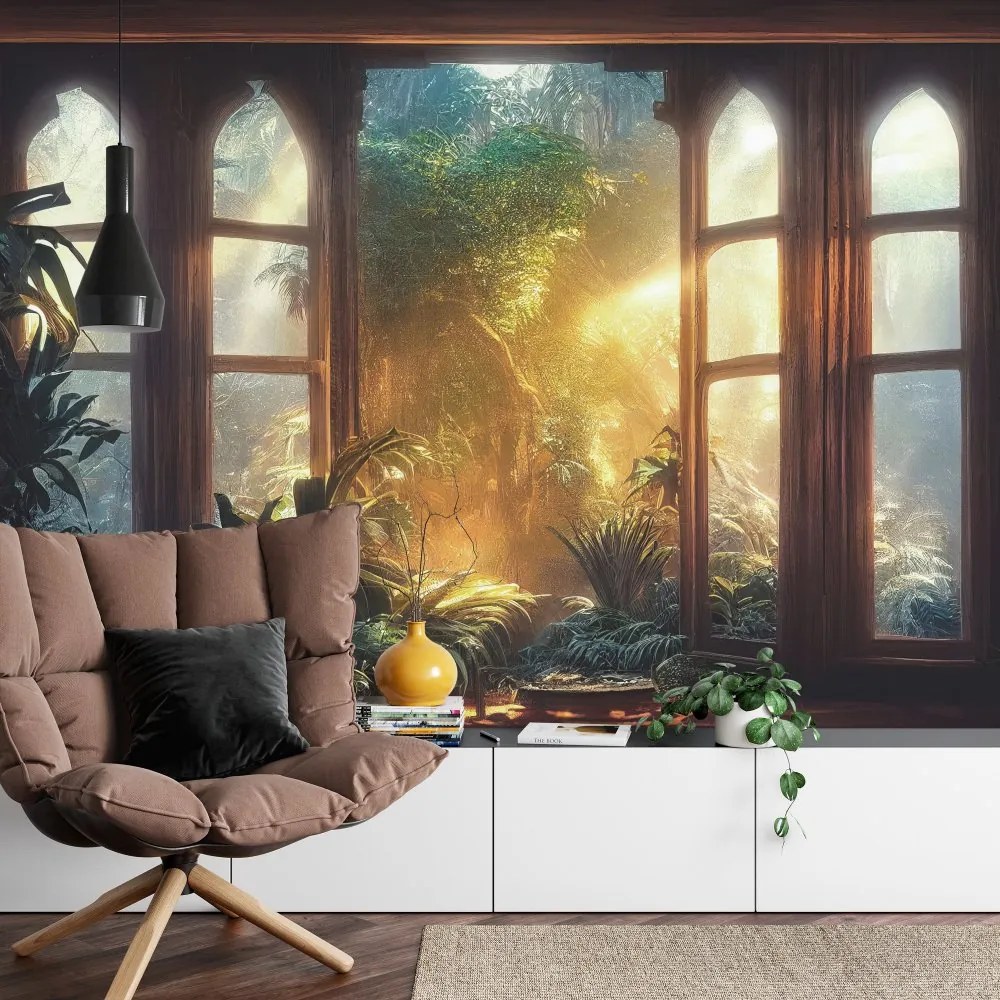 Fototapeta A Large Arch-Shaped Window, A Portal In The Dark Mystical Forest, The Sun&amp;#039;s Rays Pass Through The Window And Trees, Shadows. Fantasy Beautiful Forest Fantasy Landscape. 3D . Hladký vinyl 208x146