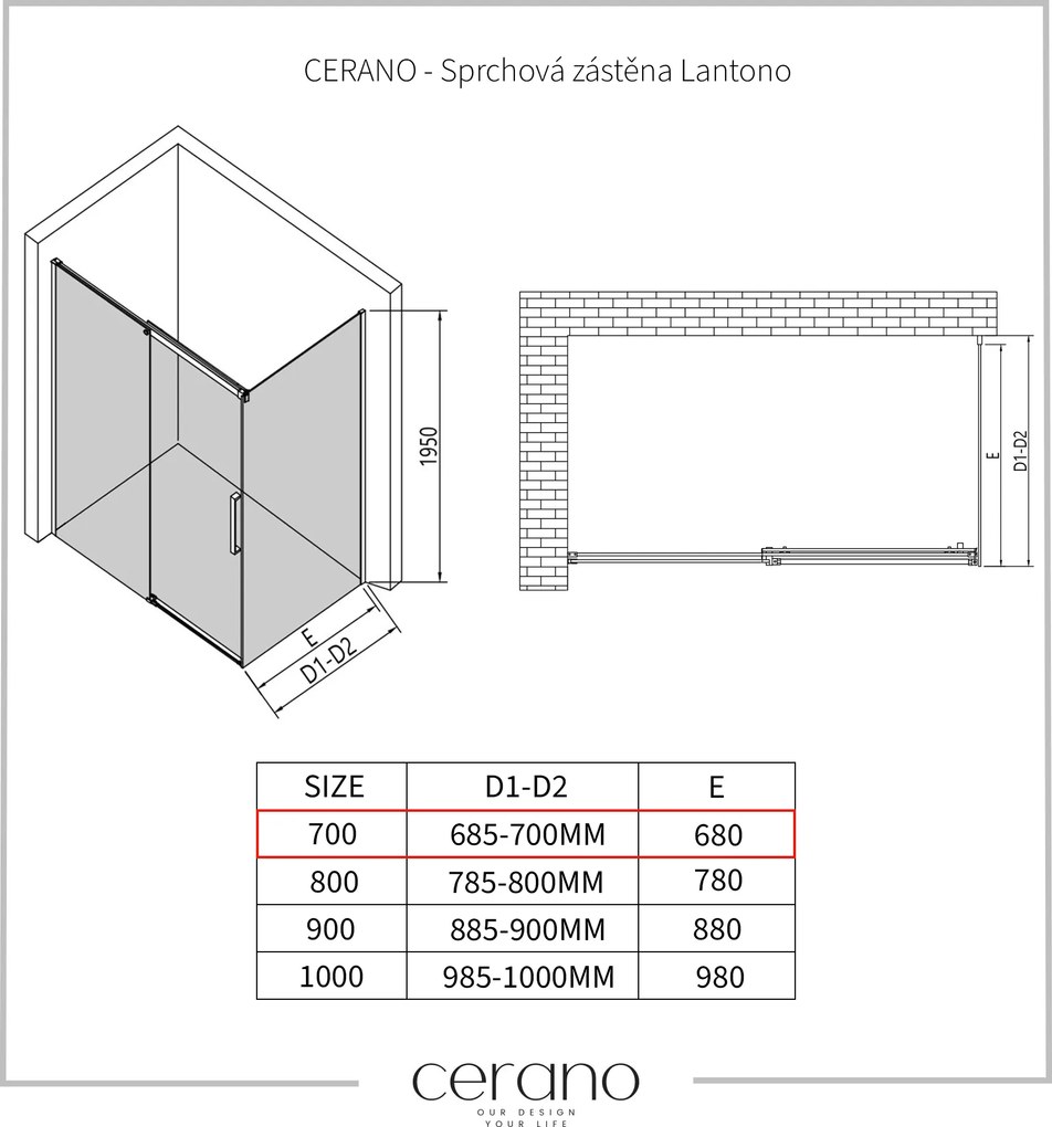 CERANO - Sprchová zástěna Lantono L/P - chrom, transparentní sklo - 70x195 cm - jednodílná pevná