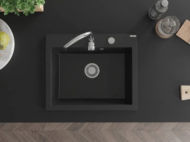 Mexen Elix granitový dřez s 1 komorou 600 x 500 mm, černý, sifon chrom - 6525601005-77