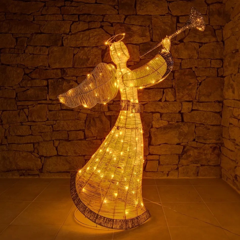 3D LED svítící anděl s trubkou, 122 cm, venkovní, teple bílá, 120 LED, IP44