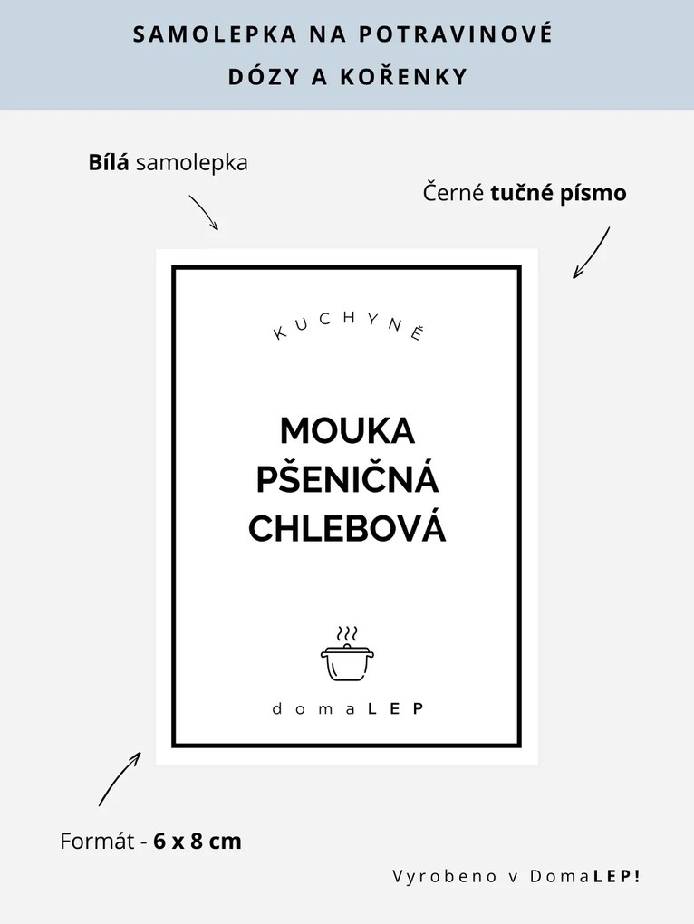 MOUKA PŠENIČNÁ CHLEBOVÁ - omyvatelná samolepka na dózu, výběr rozměrů Ø 5 cm / 5 x 5 cm / 6 x 8 cm | DomaLEP