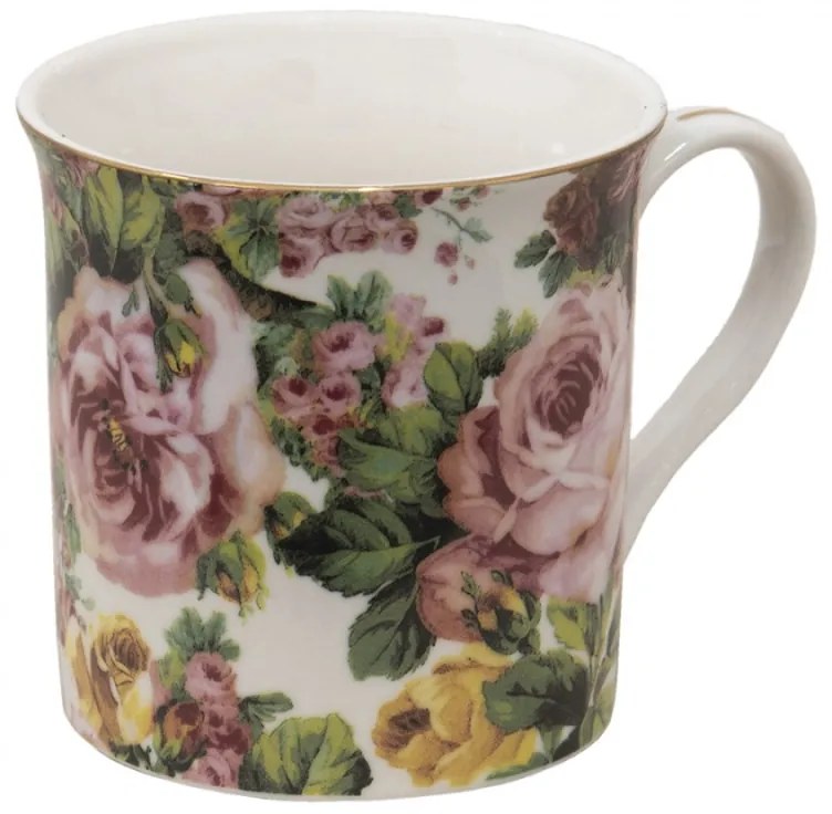 Porcelánový hrnek s květy a zlatou linkou Pink Flowers – 330 ml