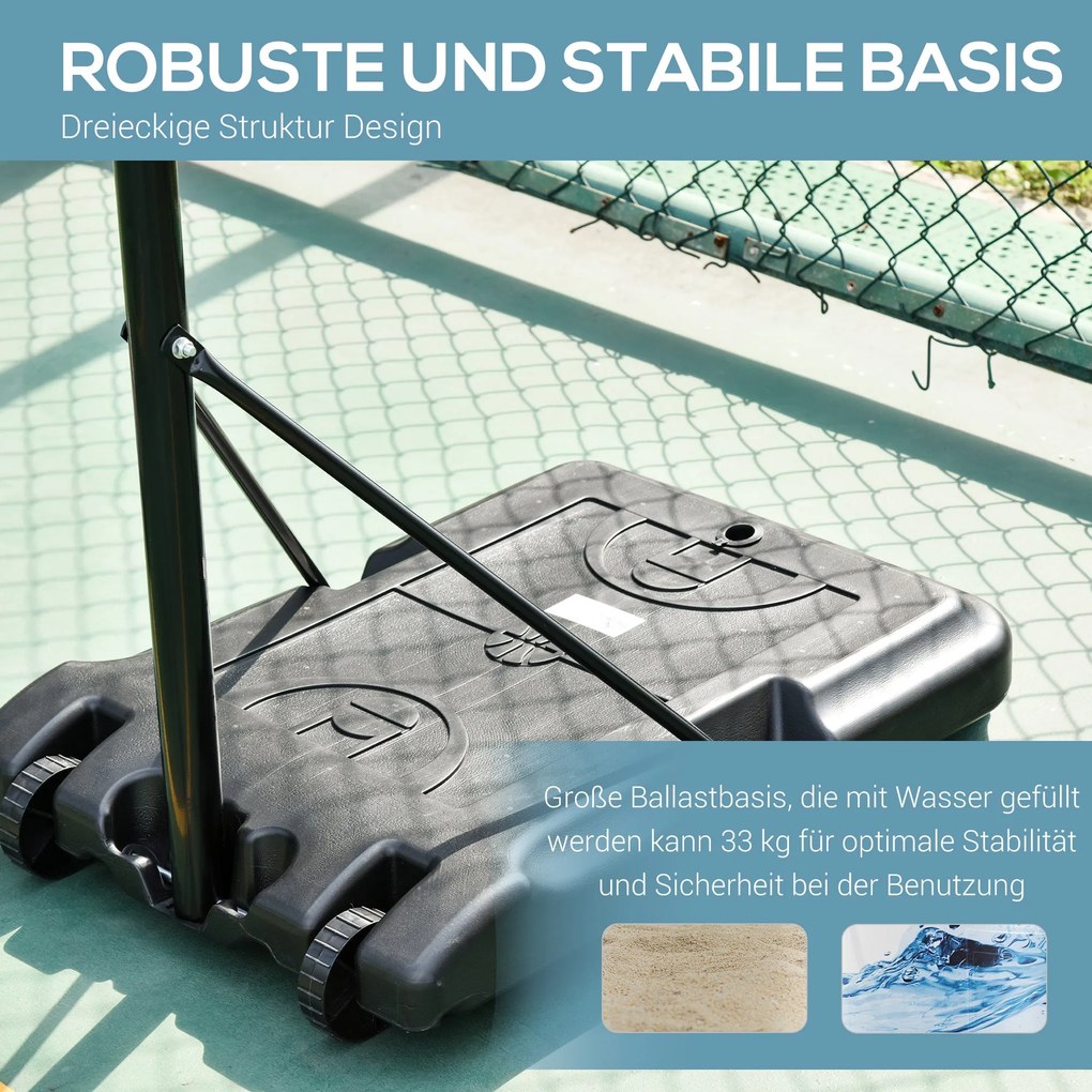 HOMCOM Venkovní basketbalový koš, nastavitelná výška 175-215 cm s kolečky, vnitřní basketbalový koš s podstavcem 71 x 45 cm, dárek pro teenagery