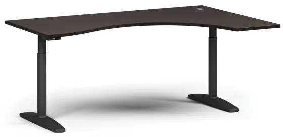 Výškově nastavitelný stůl OBOL, elektrický, 675-1325 mm, ergonomický pravý, deska 1800x1200 mm, černá zaoblená podnož, wenge