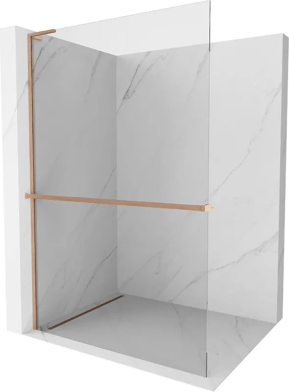 Mexen Kioto+ L, sprchová zástěna Walk-In s poličkou a věšákem 90 x 200 cm, 8mm čiré sklo, měděný matný profil, 800-090-123-65-00