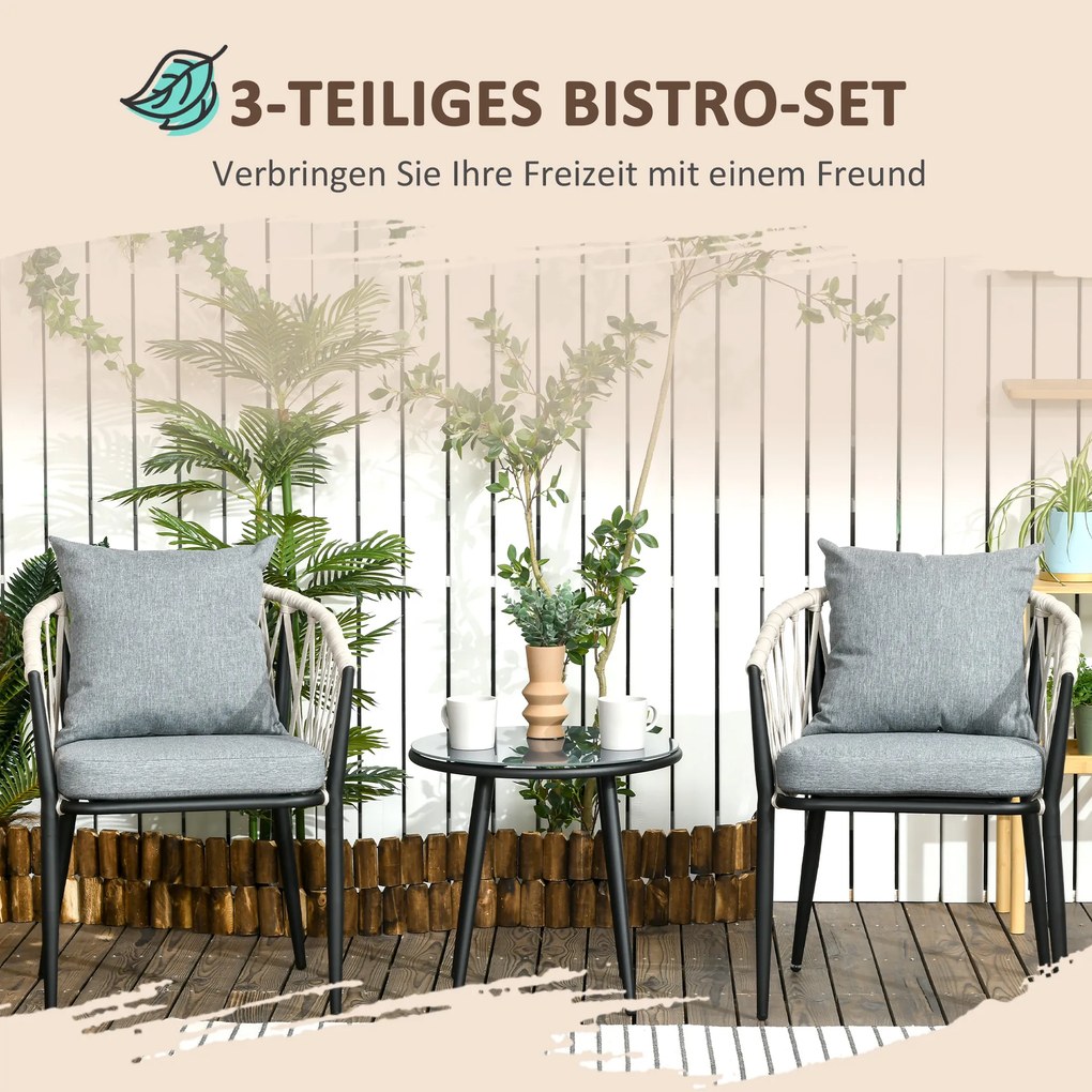 Outsunny 3-dílná zahradní souprava, bistro set zahrnující 1 stůl a 2 židle s polstry, balkonový set, zahradní nábytek pro terasu a balkon, ocel, šedá