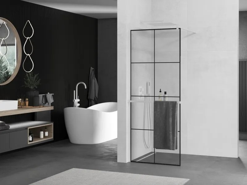 Mexen Kioto+, sprchová zástěna Walk-In s poličkou a věšákem 80 x 200 cm, 8mm čiré sklo černý vzor, bílý profil, 800-080-121-20-77