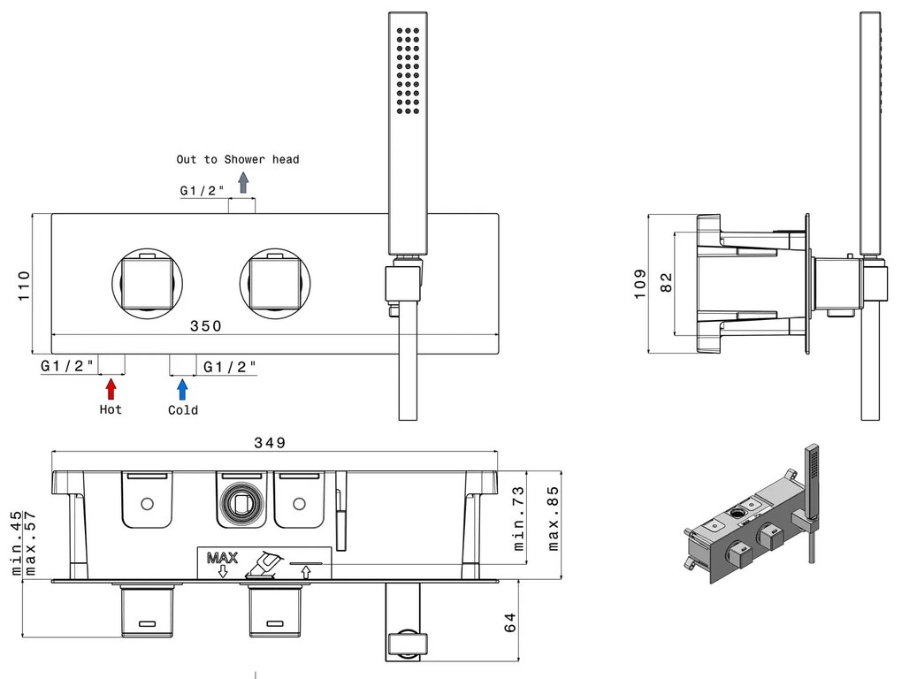 Sapho DIMY podomítková sprchová termostatická baterie s ruční sprchou, 2 výstupy,černá, DM493BL