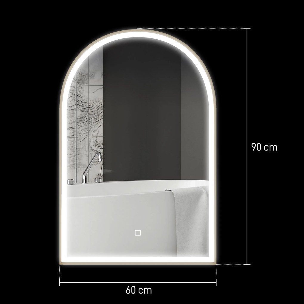 HOMCOM LED koupelnové zrcadlo 90 x 60 cm, nástěnné, 3 barvy, zakřivené, hliníkový rám, odvlhčování a dotykový spínač