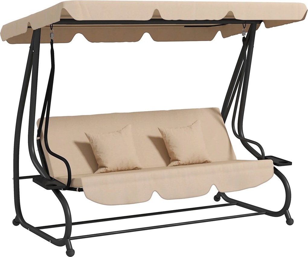 Outsunny Zahradní houpačka pro 3 osoby 2 v 1 s nastavitelnou stříškou, bočními tácy a polštáři pro balkon, terasu a patio, nosnost 340 kg, 200x120x164