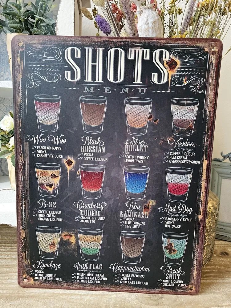 Černá antik nástěnná kovová cedule Shots Menu - 25*33 cm