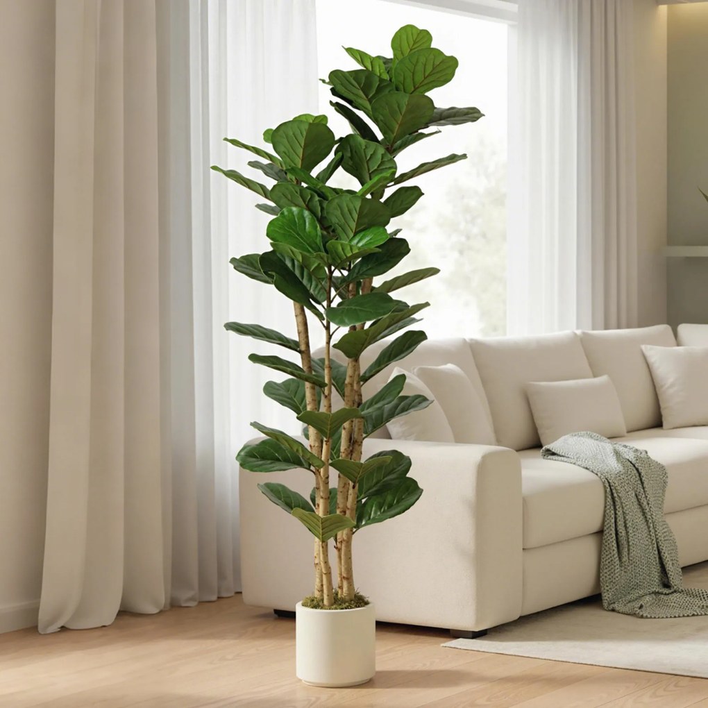 HOMCOM umělý fíkovník (Fiddle Leaf Fig), 180 cm, 91 listů, kmen z masivního dřeva, v květináči — realistická plastová rostlina do obýváku, ložnice, k…