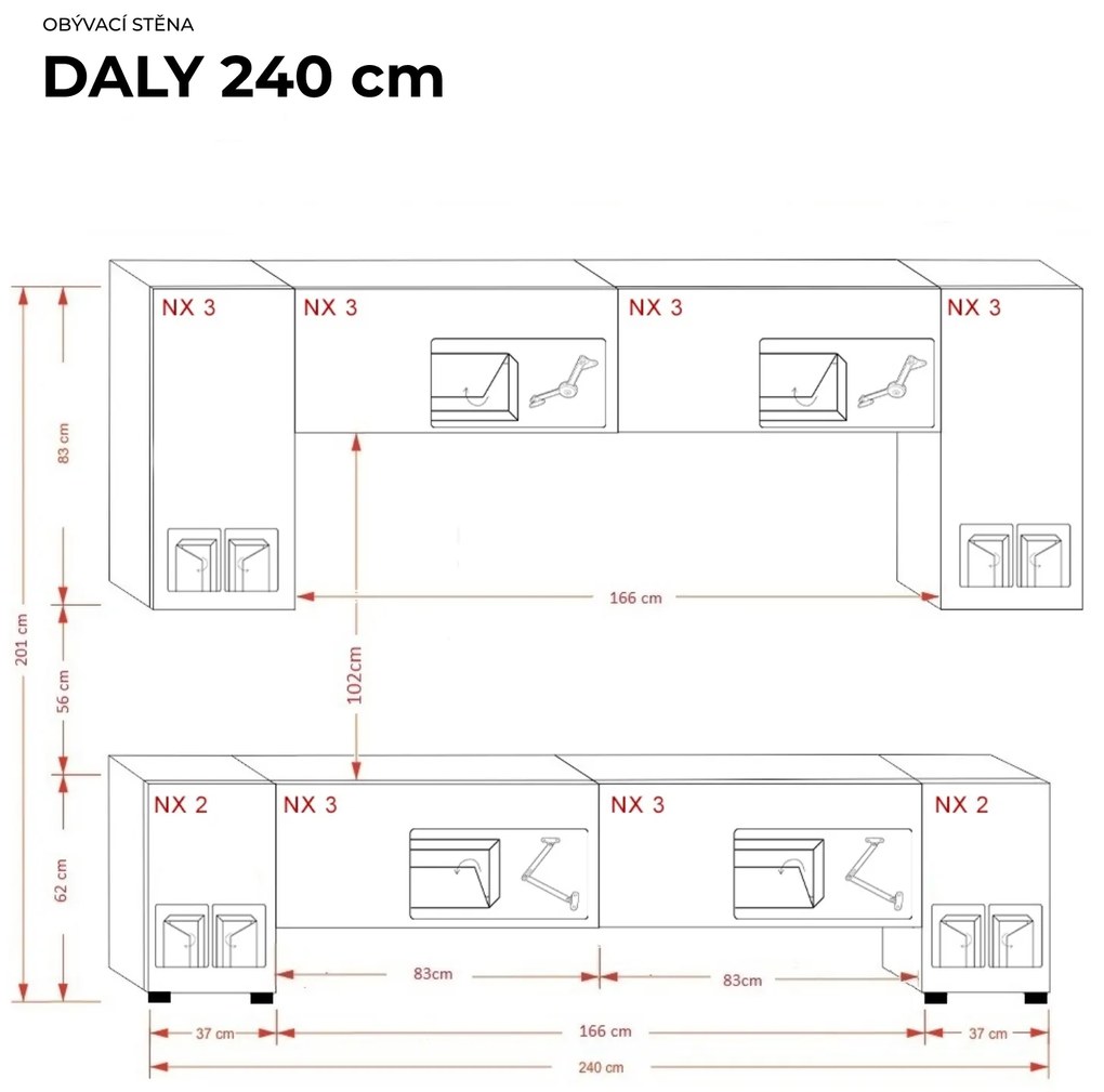 Ral Obývací stěna DALY 1, 240 cm - Černý lesk