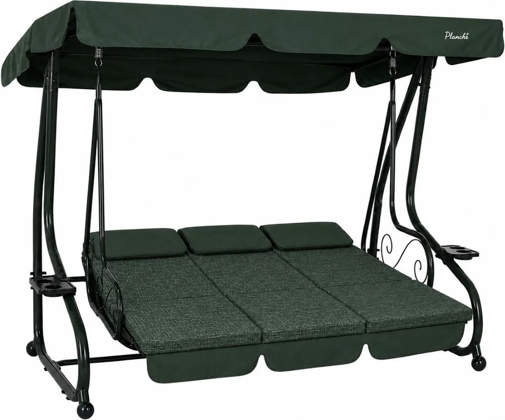 GardenLine Luxusní zahradní houpačka s lůžkem a držáky na nápoje pro 3 osoby 200 × 120 × 164 cm SORENTINO Mesh Green zelená