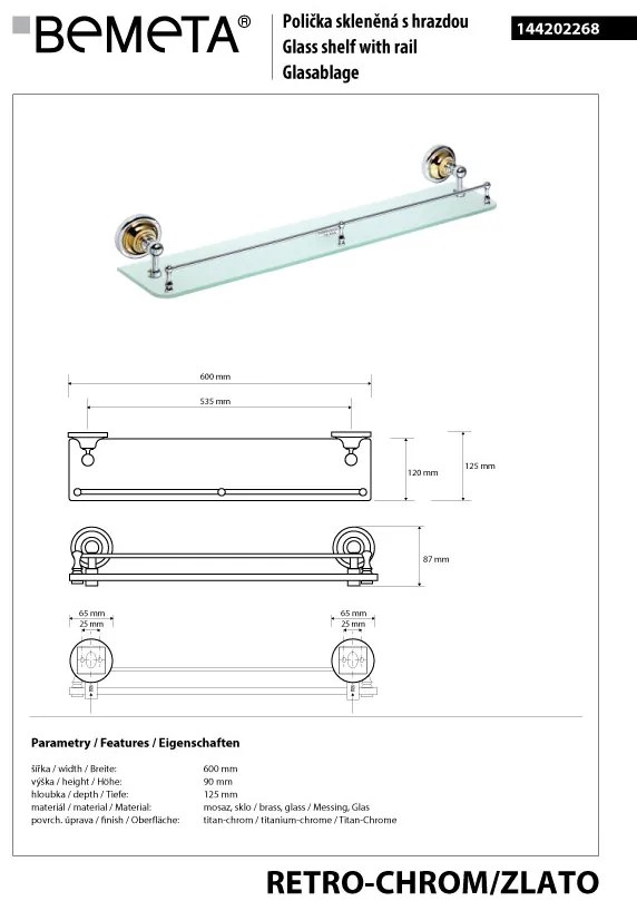 Bemeta Design RETRO gold-chrom: Polička, 600 mm, s hrazdou, sklo - 144202268