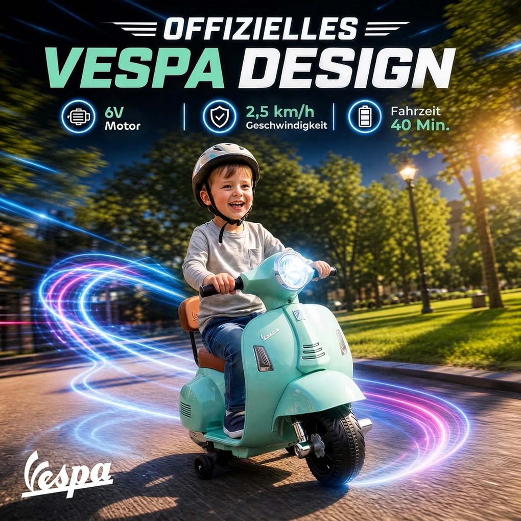 AIYAPLAY Elektro motorka pro děti Mini Vespa GTS 6V s lithiovou baterií, ergonomické sedadlo, opěrka zad, 1,5-3 roky 370-484V90GN