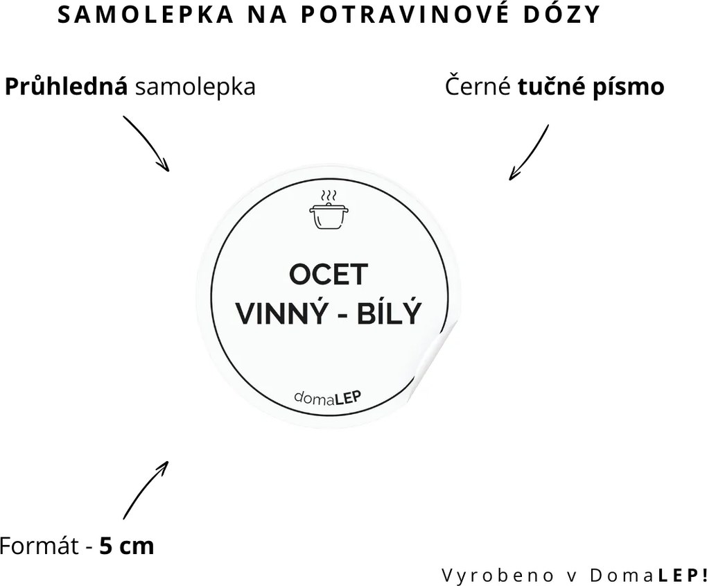 OCET VINNÝ BÍLÝ - omyvatelná samolepka na dózu, výběr rozměrů Ø 5 cm / 5 x 5 cm / 6 x 8 cm | DomaLEP tvar: KOLEČKO, barva: PRŮHLEDNÁ - ČERNÉ písmo, velikost: Ø 5 cm - základní písmo