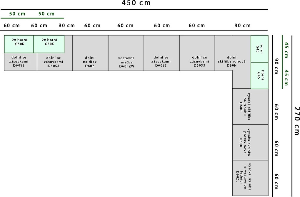 Kuchyňská linka ASPEN b | 450x270 cm | zásuvky METALBOX | SOKL v CENĚ | bílá lesk