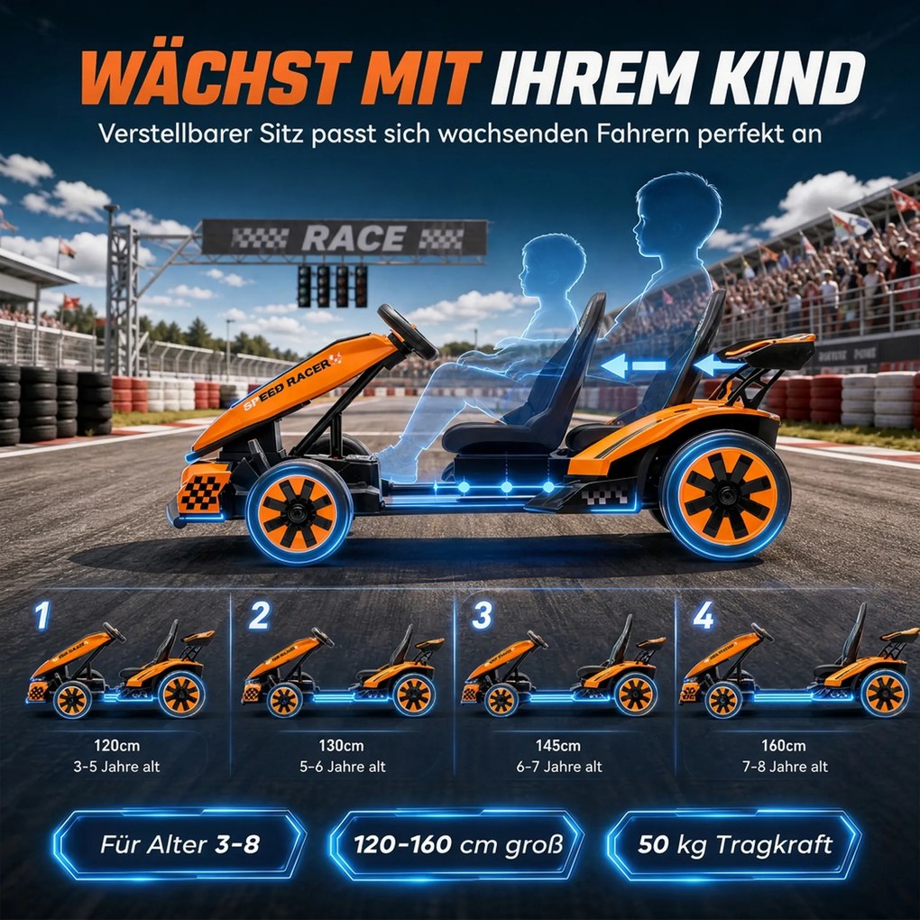 AIYAPLAY 12V elektro-go-kart pro děti 3-8 let, nastavitelné sedadlo, 3 rychlosti, plynulý start, oranžová