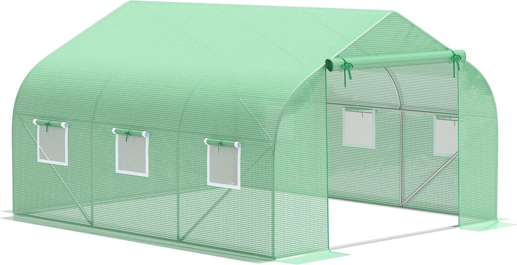 Zahradní tunelová skleník Outsunny 10,5 m² 3,5 x 3 x 2 m S vyztuženým trubkovým rámem, zipovými dveřmi a 6 rolovacími okny, zelená | Aosom