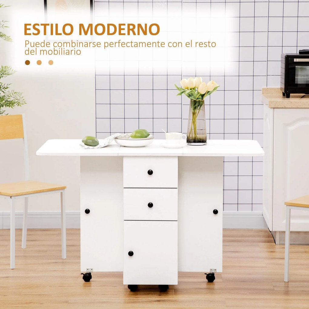 Skládací jídelní stůl HOMCOM s kolečky, skládacími křídlovými deskami, šuplíky a skříňkou pro 4-6 osob 120x60x76,5 cm Bílý
