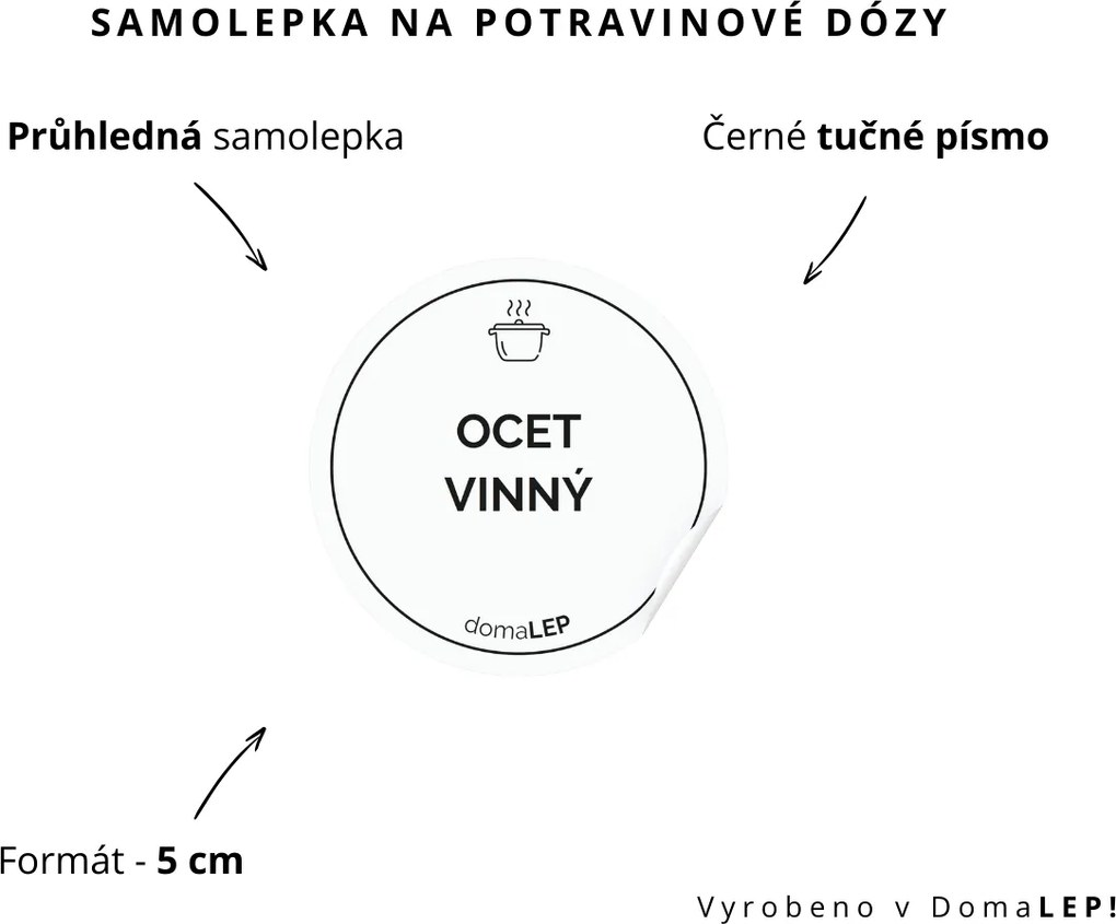OCET VINNÝ - omyvatelná samolepka na dózu, výběr rozměrů Ø 5 cm / 5 x 5 cm / 6 x 8 cm | DomaLEP tvar: KOLEČKO, barva: PRŮHLEDNÁ - ČERNÉ písmo, velikost: Ø 5 cm - tučné písmo