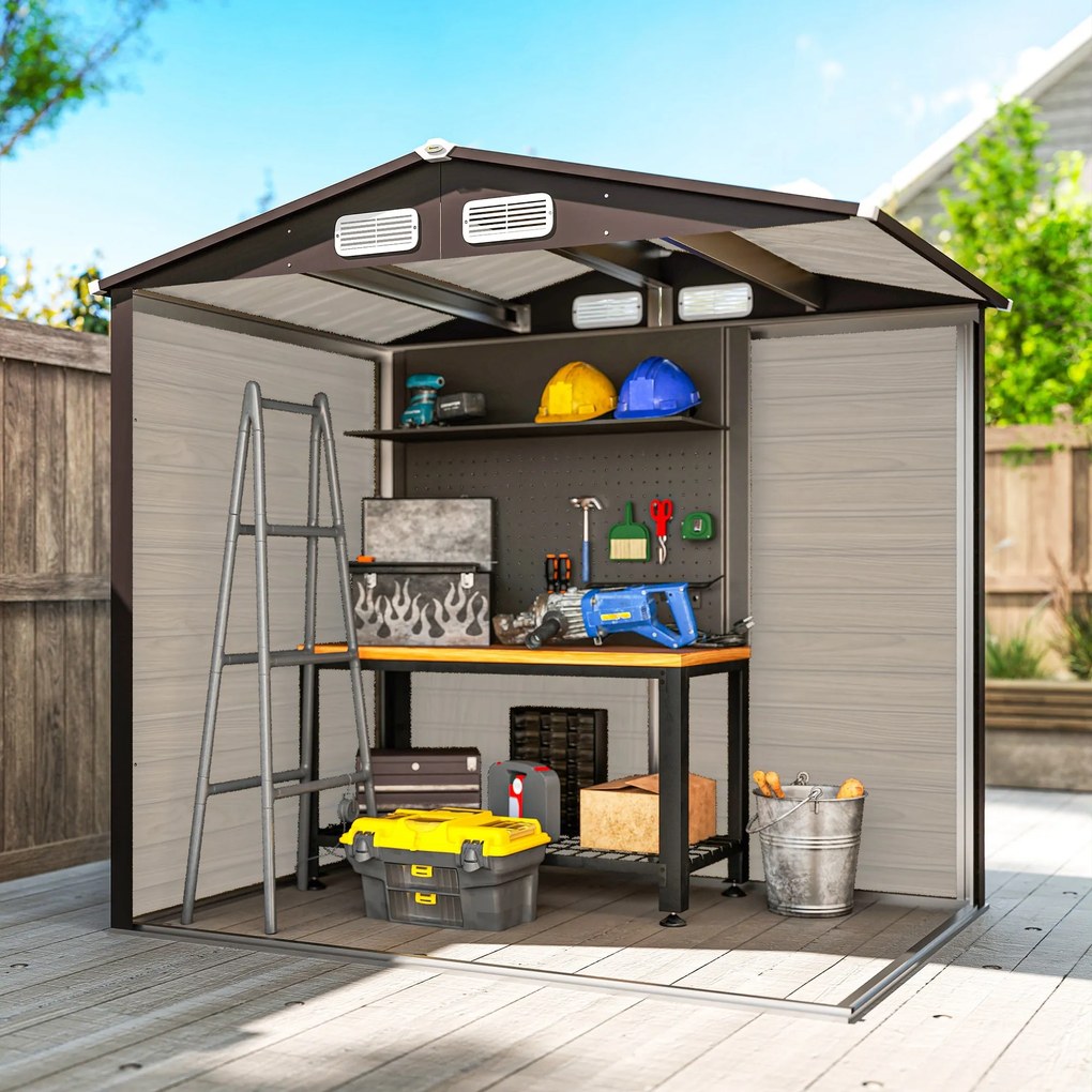 Zahradní kůlna Outsunny 190x131x188 cm - Venku umístěný úložný domek s 2 větracími okny a dveřmi pro terasu, balkon a patio - Dub
