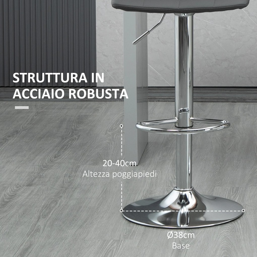 HOMCOM Sada 2 barových židlí z imitace kůže s opěradlem, otočné kuchyňské a obývací židle s opěrkou nohou, 42x45x89-110cm, Šedé